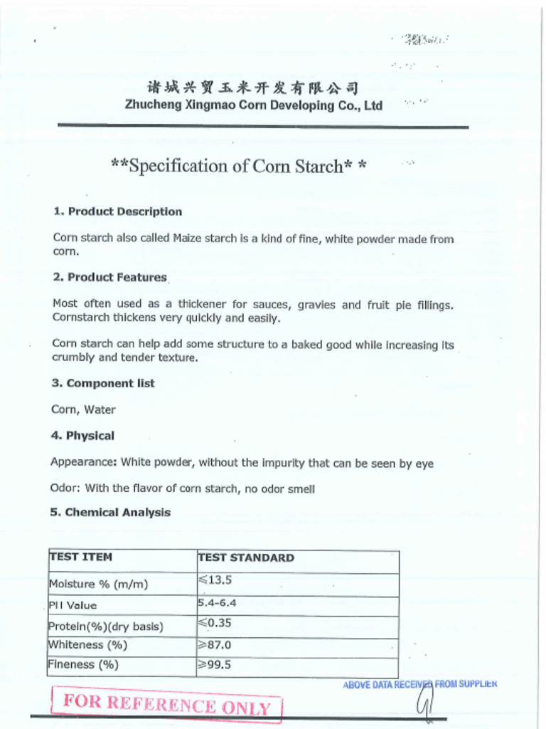 CS004G Zhucheng Xingmao Corn Starch Product Specification DTD 25 Oct 2024 | PDF
