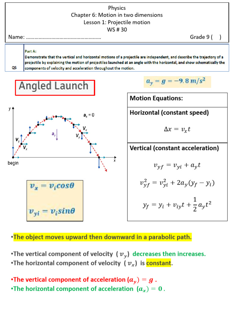 WS 30 Projectile motion with angle | PDF | Acceleration | Physical Quantities