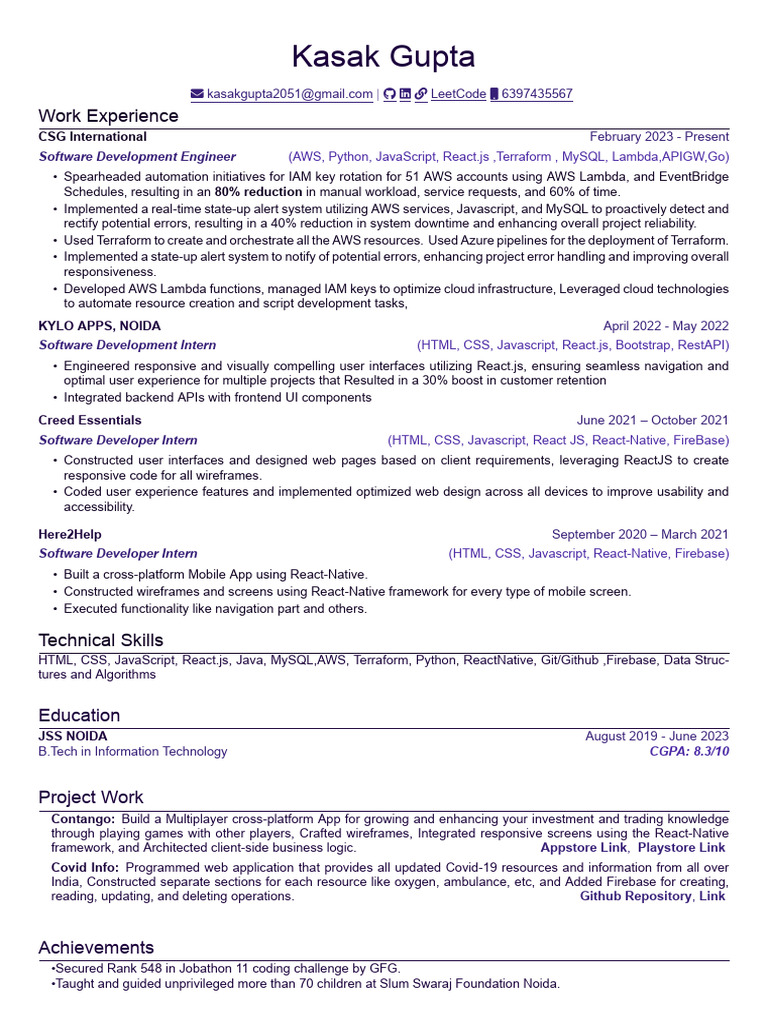 KasakGupta Resume-1.5YOE SDE-1 | PDF | Java Script | Cross Platform Software