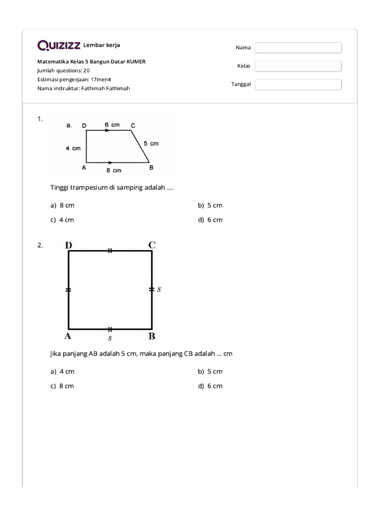 Matematika Kelas 5 Bangun Datar KUMER - Quizizz | PDF