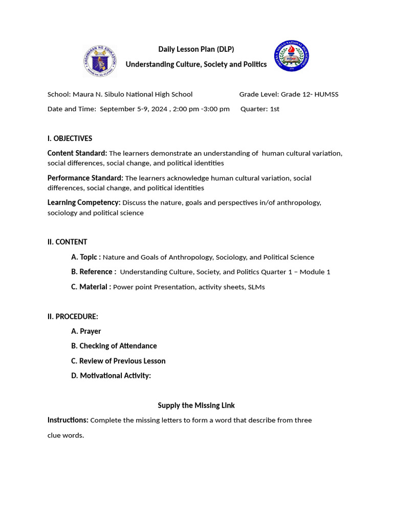 Daily Lesson Plan UCSP | PDF | Lesson Plan | Socioeconomic Status