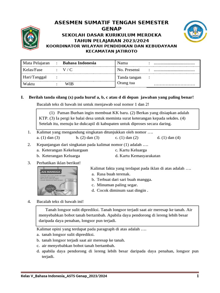 Soal Bahasa Indonesia Kelas V Asts Genap 2023-2024 | PDF