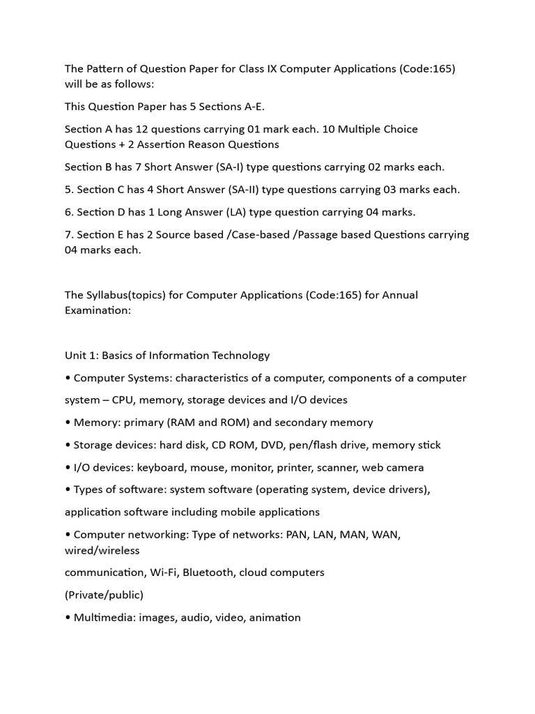 The Pattern of Question Paper and Syllabus For Class IX Computer Applications | PDF