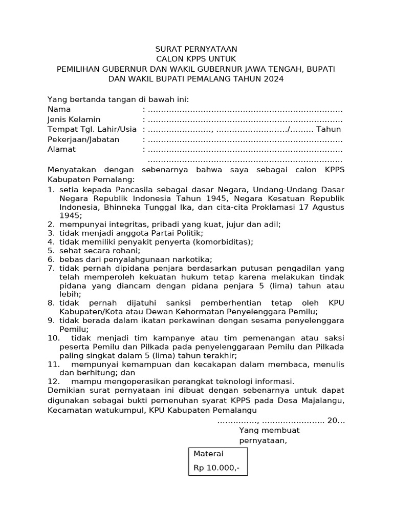 Surat Pernyataan KPPS | PDF