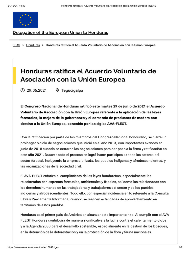 Honduras ratifica el Acuerdo Voluntario de Asociación con la Unión Europea _ EEAS | PDF ...