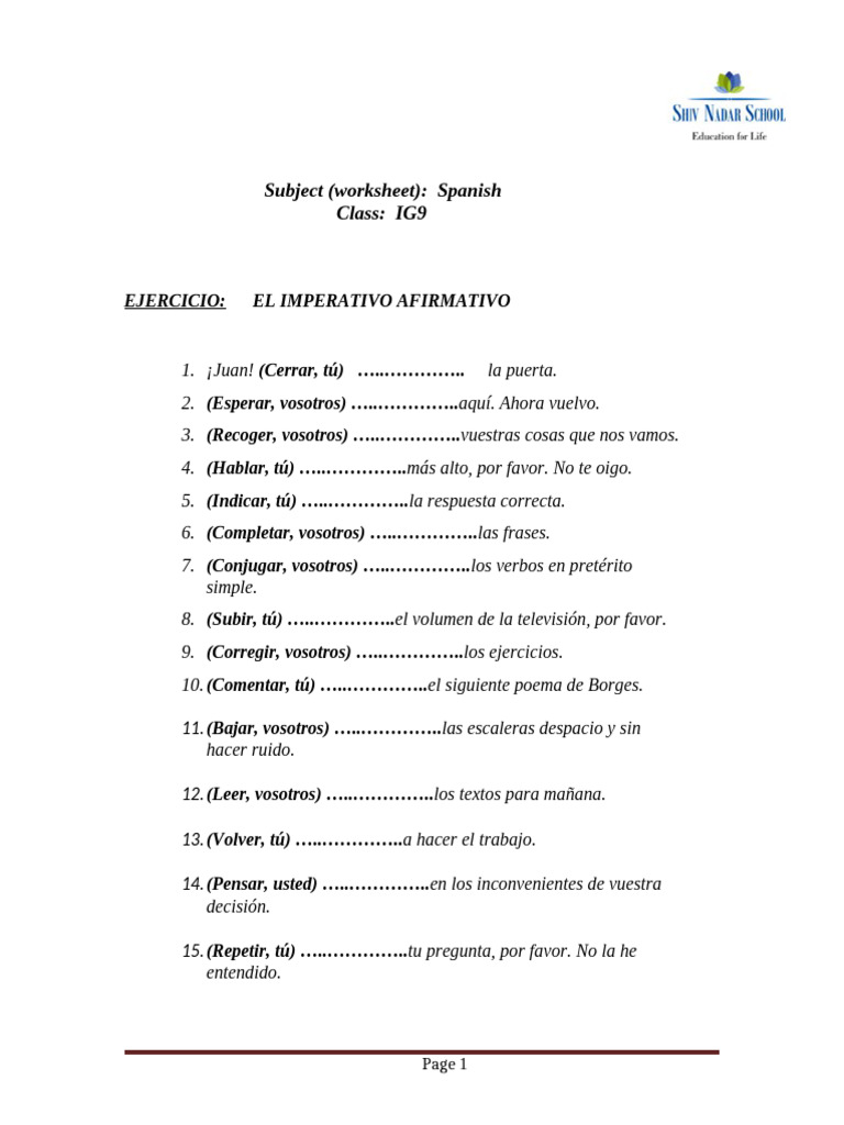 Imperativo Worksheet | PDF