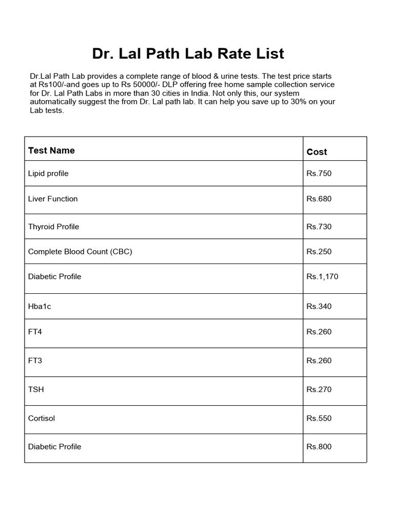 DR Lal Pathlan Test Rate List | PDF | Glands | Immunology
