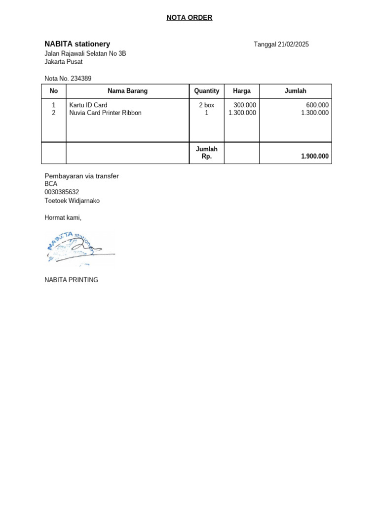 Nota Penjualan NABITA Stationery 25 02 2025 | PDF
