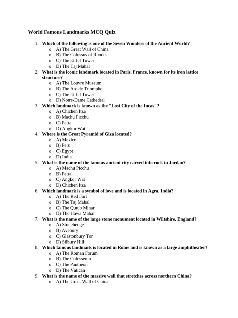 World Landmarks MCQ Quiz | PDF | Palace | Buildings And Structures