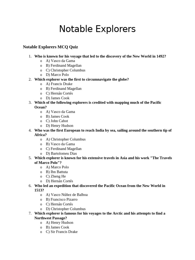Notable Explorers MCQ Quiz | PDF | Age Of Discovery | New World