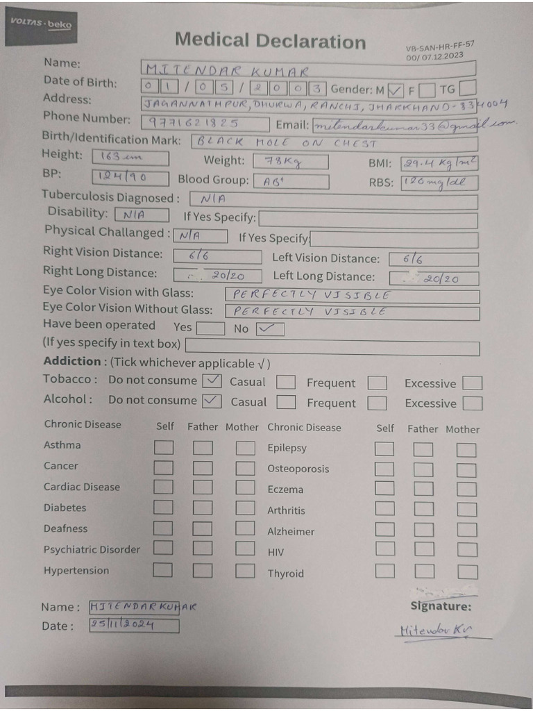 Mitendar Medical Declaration | PDF