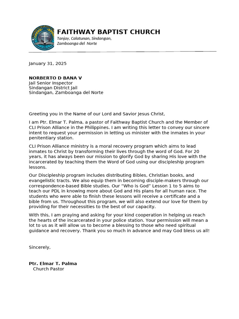 Letter of Intent for Jail Ministry | PDF