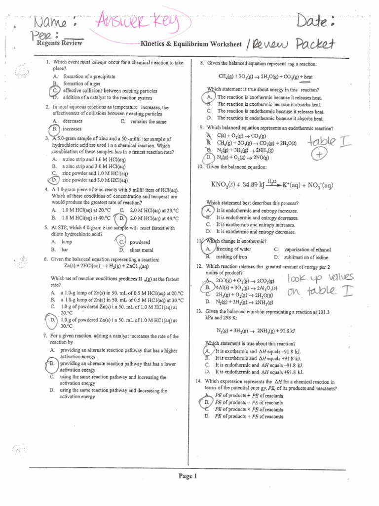 Kinetics and Equ Review Sheet Answer Key | PDF