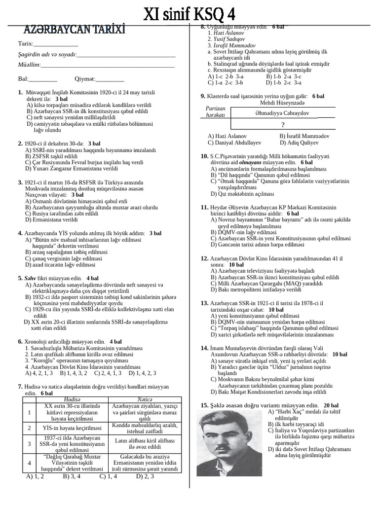 XI sinif Az. tarixi ksq 4 A+ | PDF