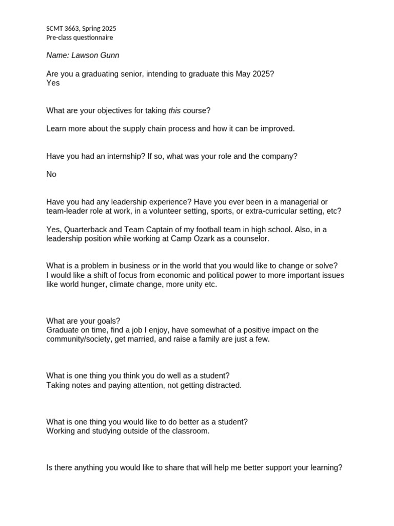 Pre-Class Survey for SCMT 3663 | PDF