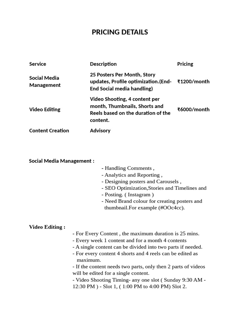 Social Media & Video Editing Pricing | PDF