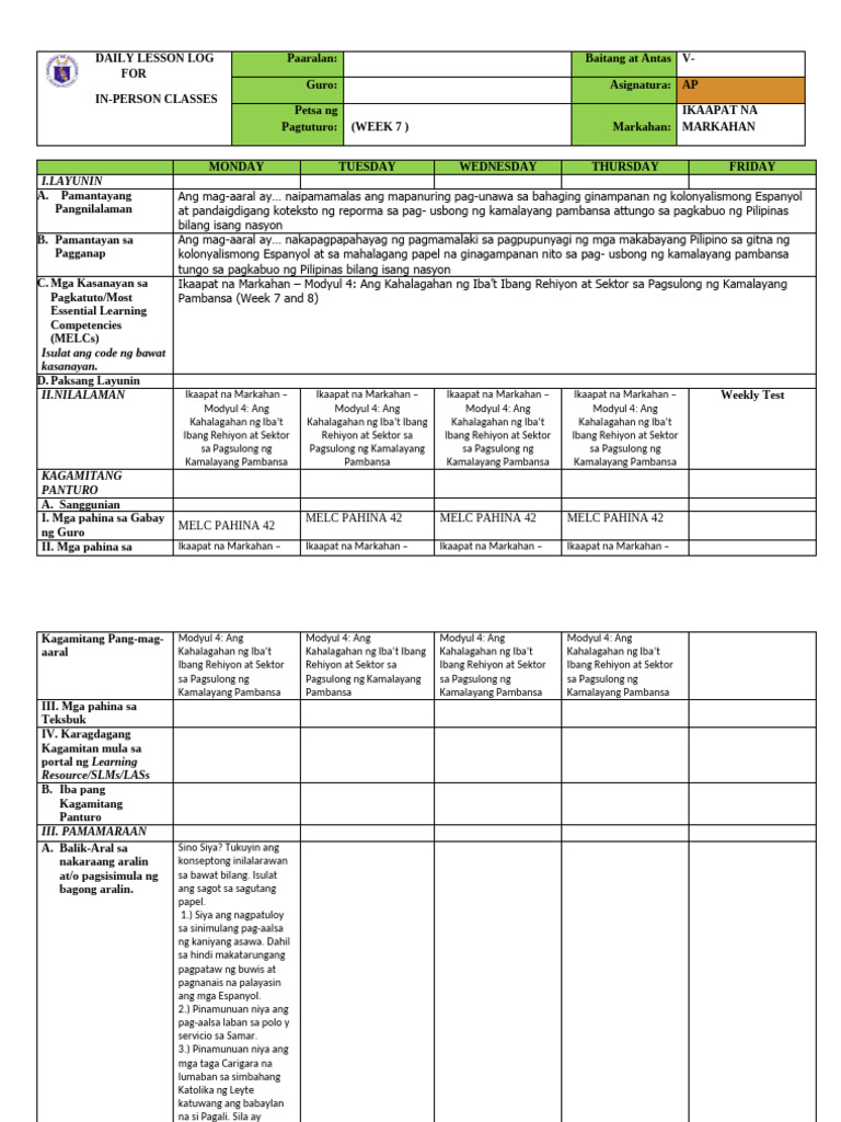 Ap 5 - DLL - Week 7 - Q4 | PDF