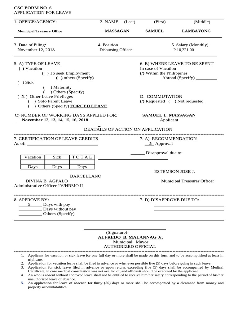 APPLICATION FOR LEAVE | PDF | Sick Leave