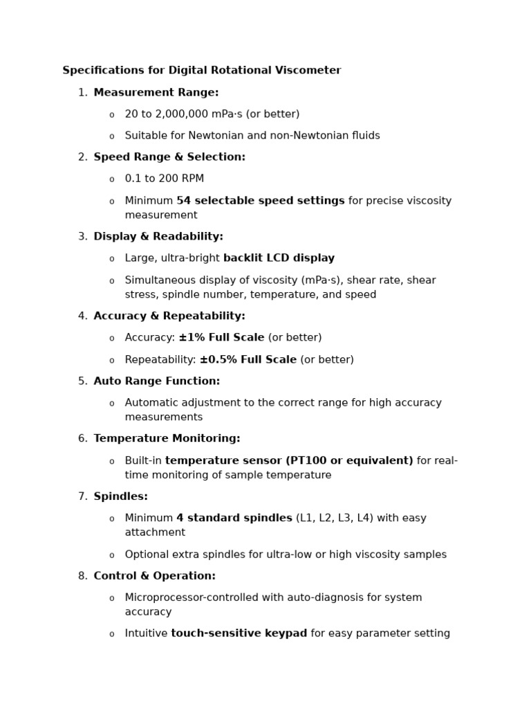 Specifications For Digital Rotational Viscometer | PDF