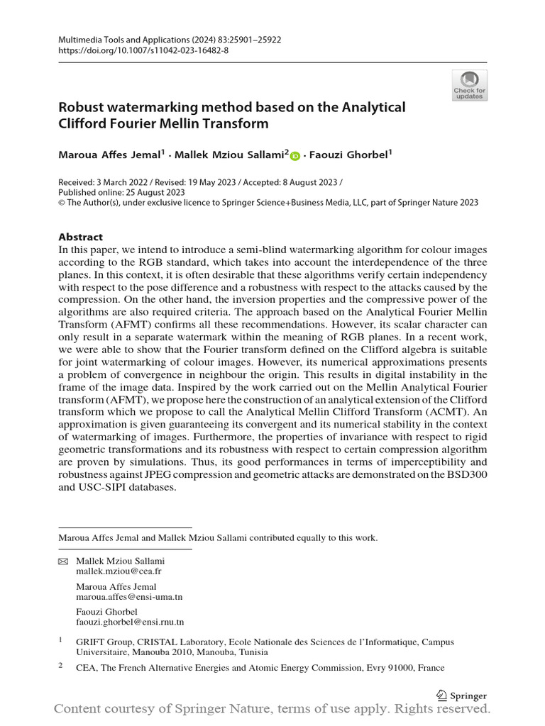 Robust Watermarking Method Based On The Analytical | PDF | Wavelet | Fourier Transform