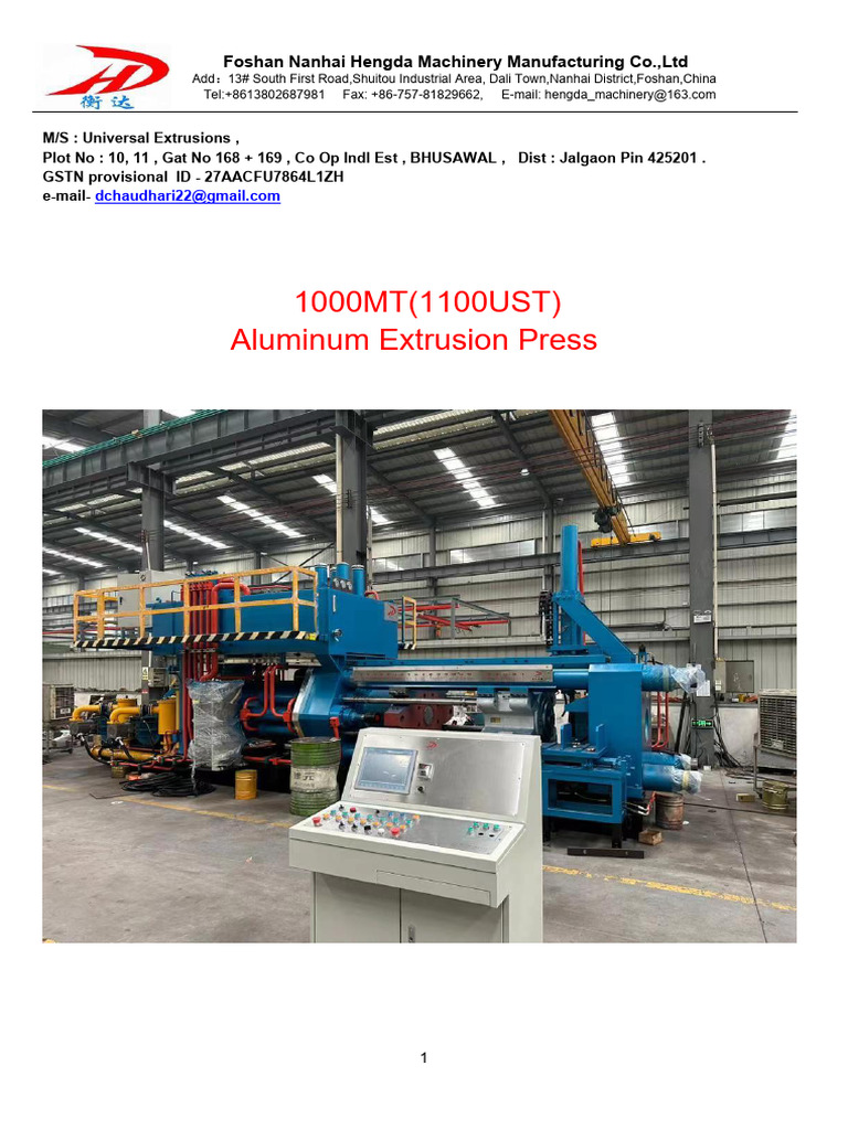 1000T Aluminum Extrusion Press Specs | PDF | Extrusion | Piston