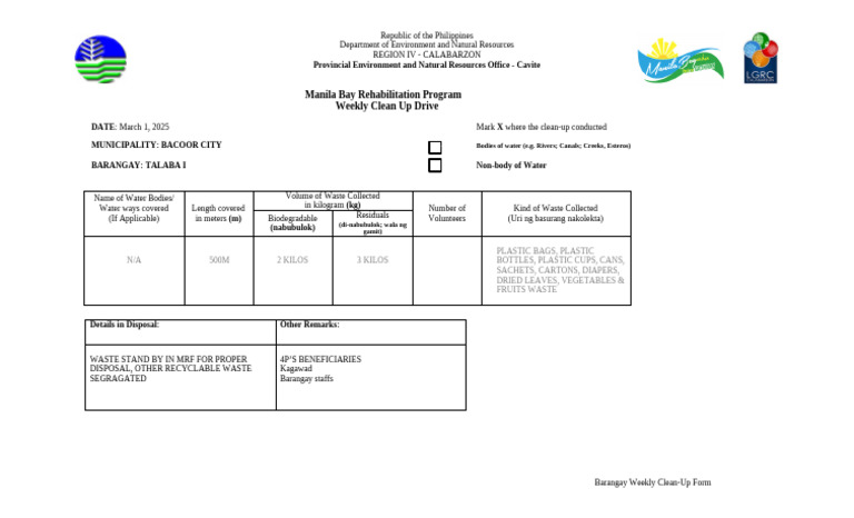 DENR - Barangay Weekly Clean-Up Form | PDF | Waste Management | Environment
