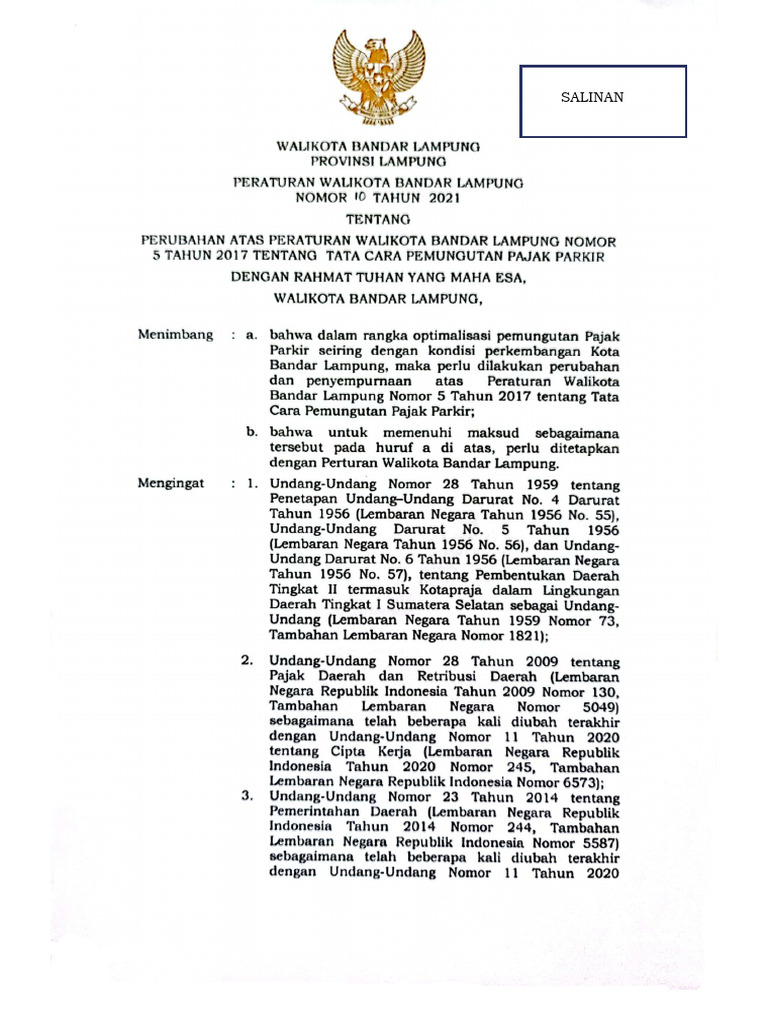 Peraturan Walikota (PERWALI) Kota Bandar Lampung No 10 Tahun 2021 | PDF