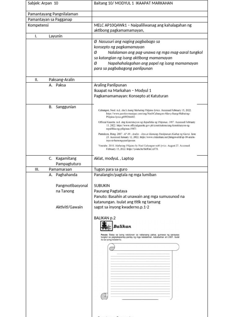 Arpan 10 DLL Q4 Modyul 1 | PDF