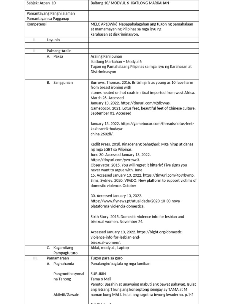 Arpan 10 DLL Q3 Modyul 6 | PDF