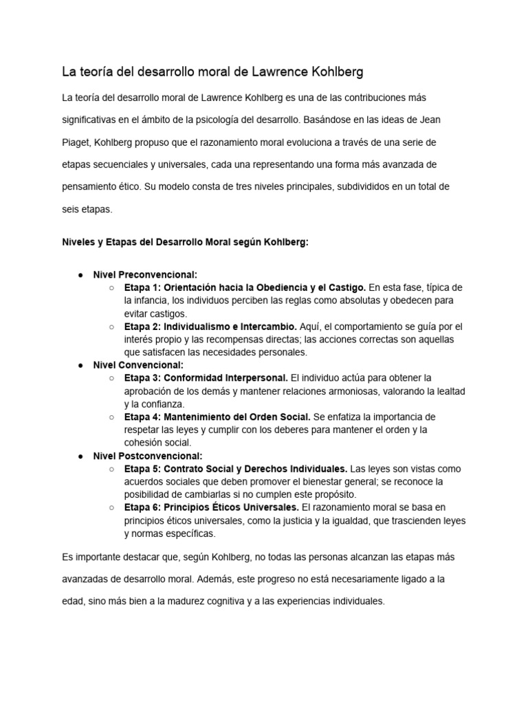 Teoría del Desarrollo Moral de Kohlberg | PDF | Moralidad | Educación ...