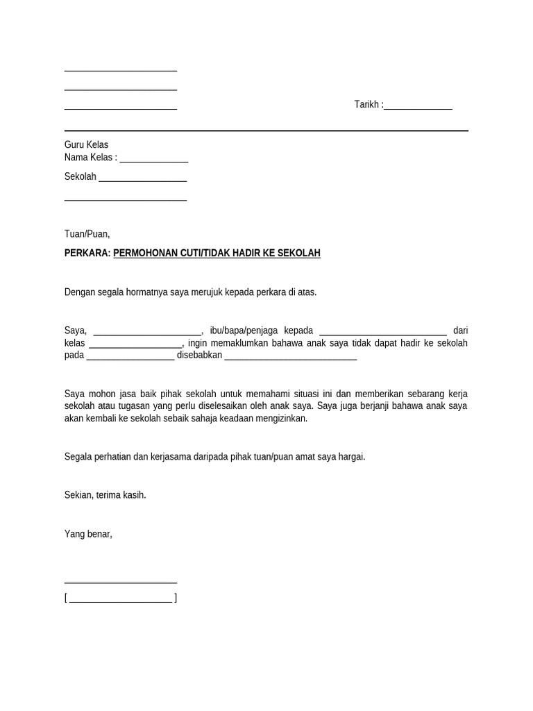 Surat Cuti Sekolah | PDF