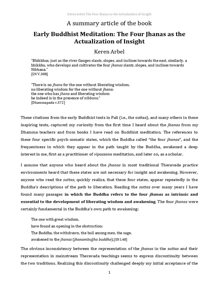 Keren Arbel Summary Article The Four Jhanas As The Actualization of ...