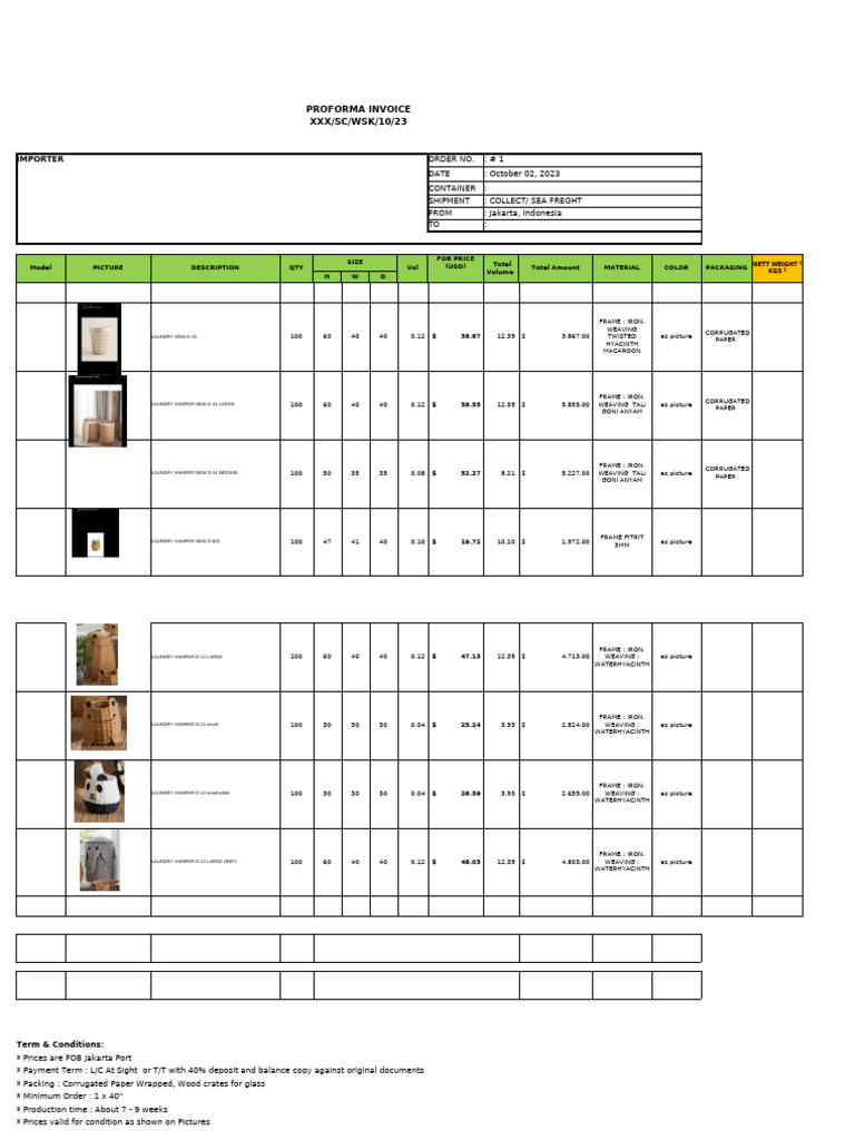 Proforma Invoice for Laundry Hampers | PDF | Freight Transport