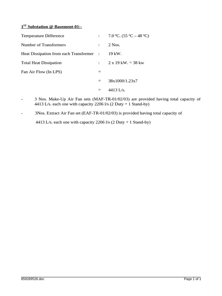 Calculation of Transformer Room Ventilation | PDF