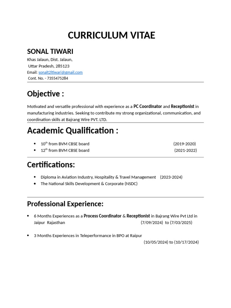 Sonal Tiwari Resume & CV (2) | PDF | Business