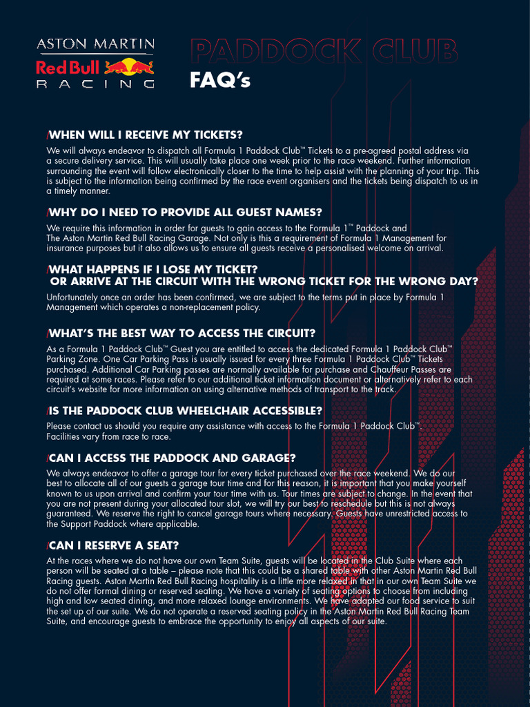 Aston Martin Red Bull Racing Paddock Club FAQ | PDF | Formula One | Fédération Internationale De ...