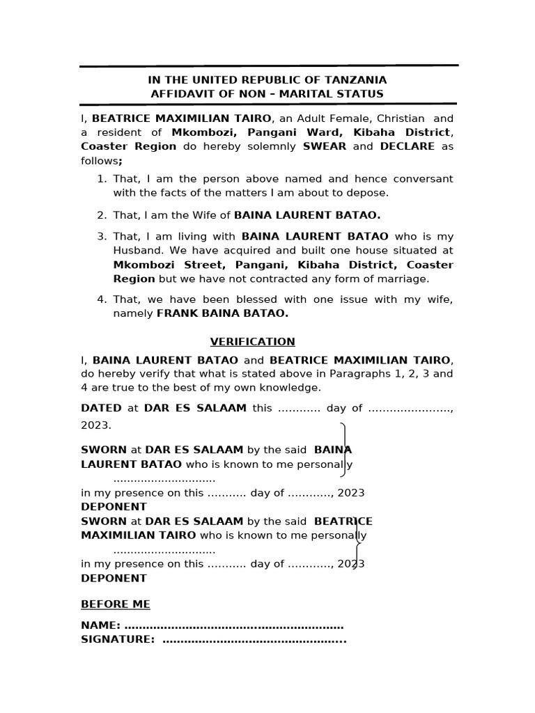 Affidavit of Non - Marital Status - Baina | PDF