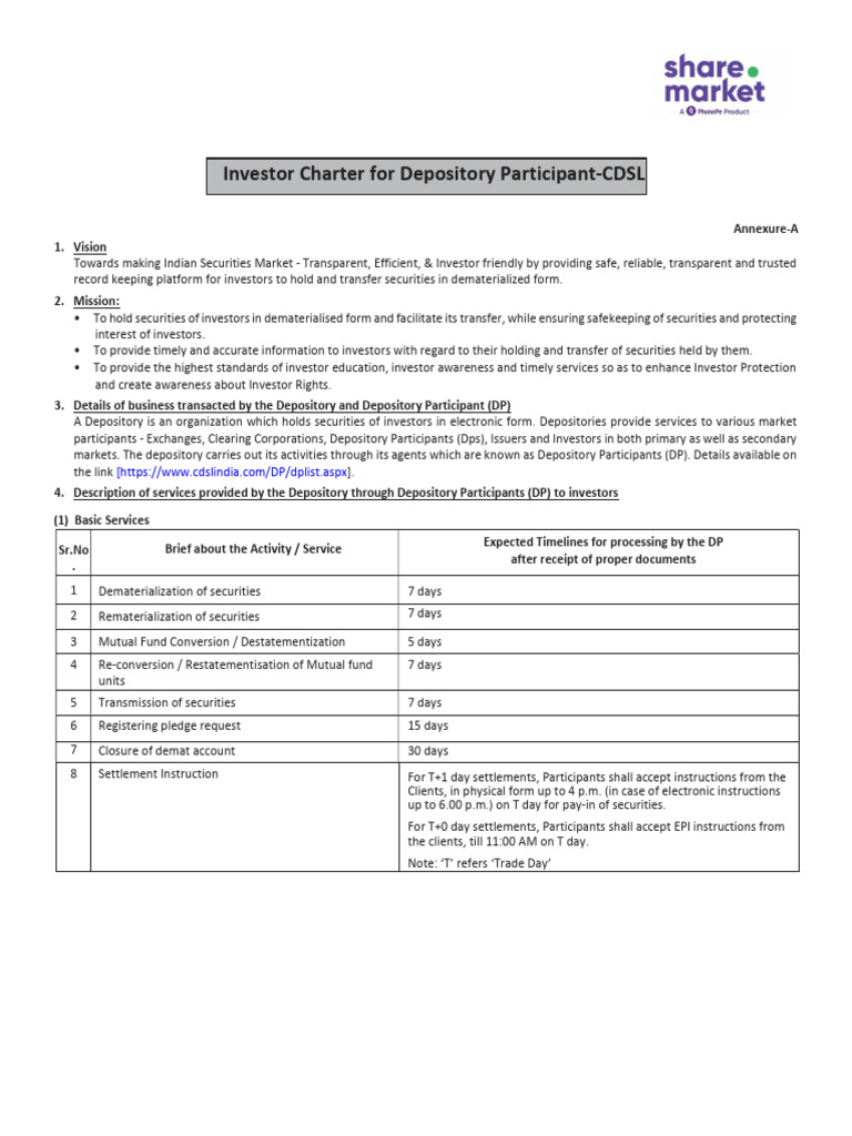 Investor Charter For Depository Participant CDSL | PDF | Securities ...