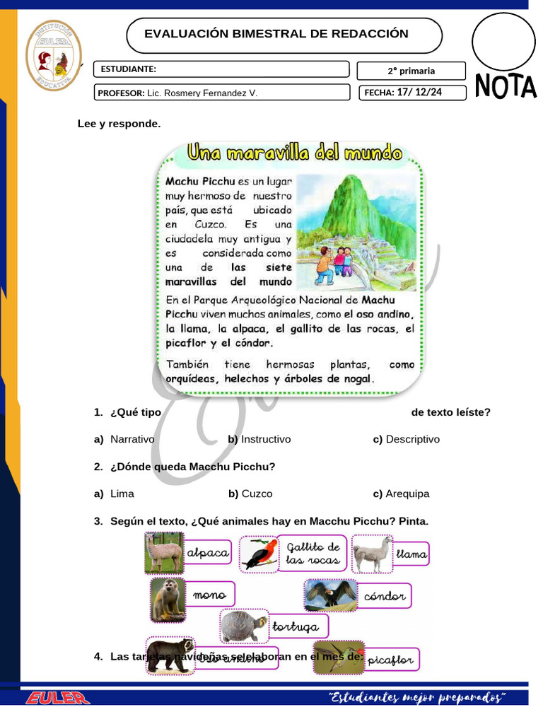Evaluación Bimestral de Redacción para Segundo Grado de Primaria | PDF