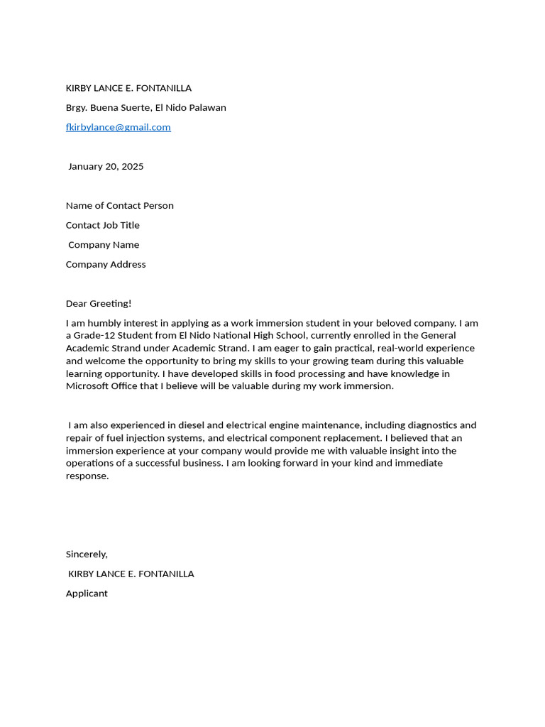 Work Immersion Application by Student | PDF