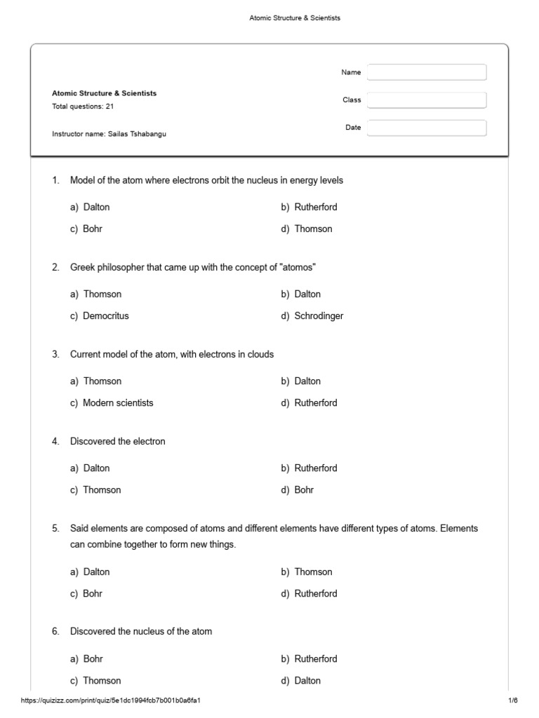 Atomic Structure Quiz Questions | PDF | Atoms | Atomic Nucleus