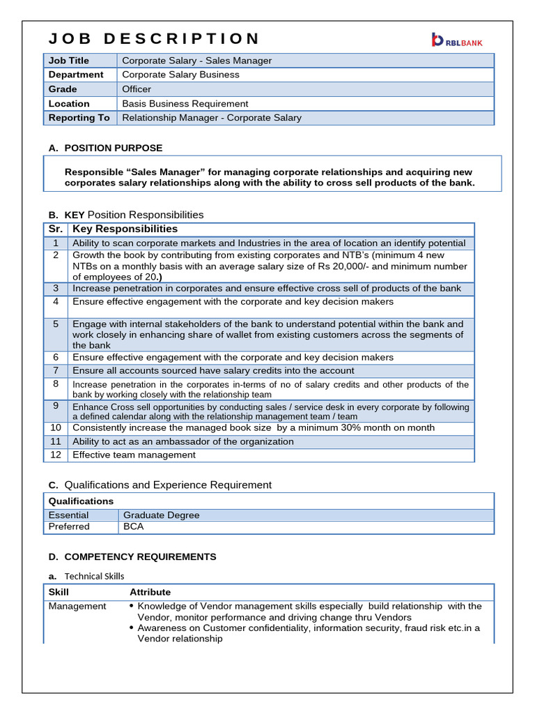 JD - RM - Corporate Salary | PDF | Banks | Leadership
