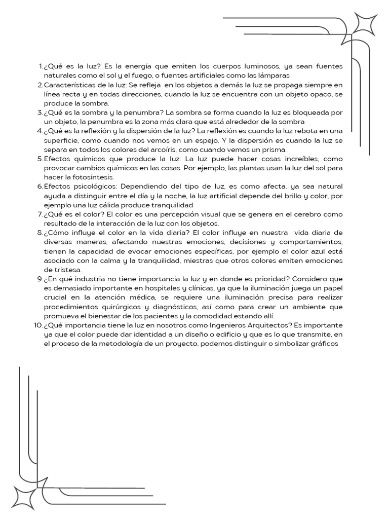 cuestionario sobre la luz | PDF