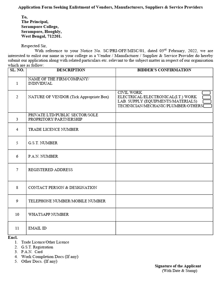 Vendor Enlistment Form | PDF
