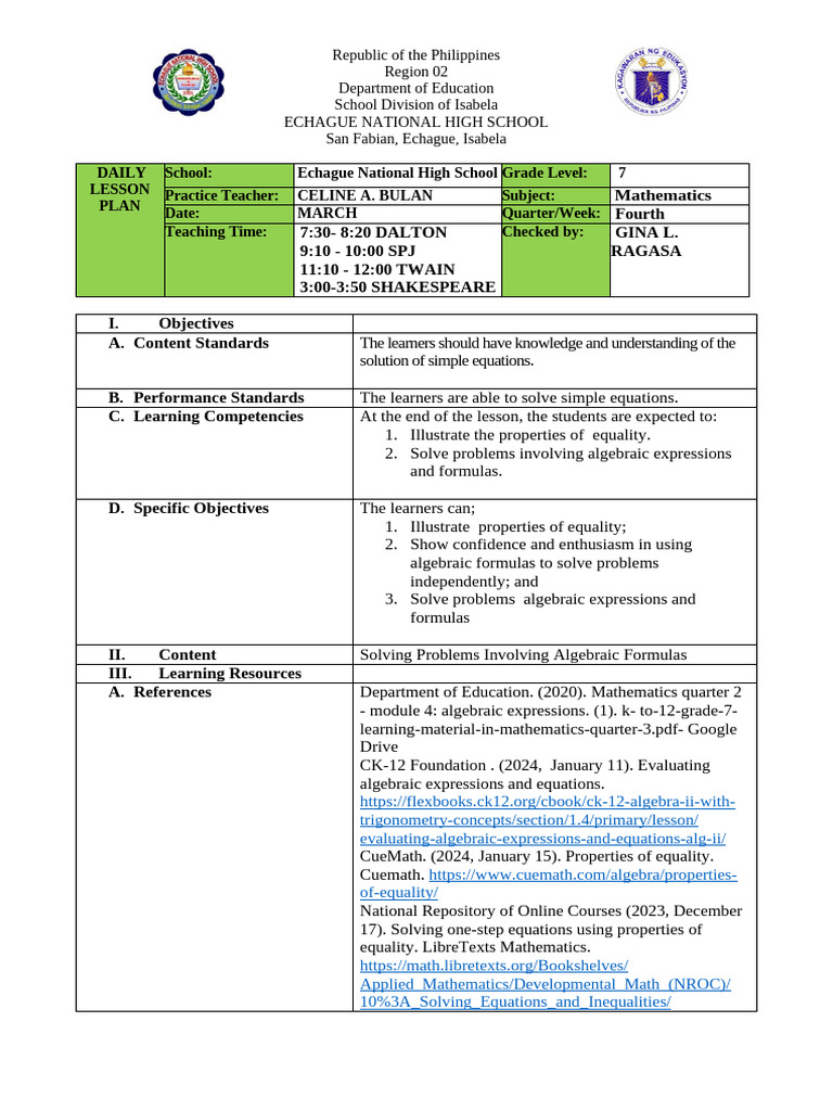solving problems involving algebraic formulas | PDF | Equations | Formula