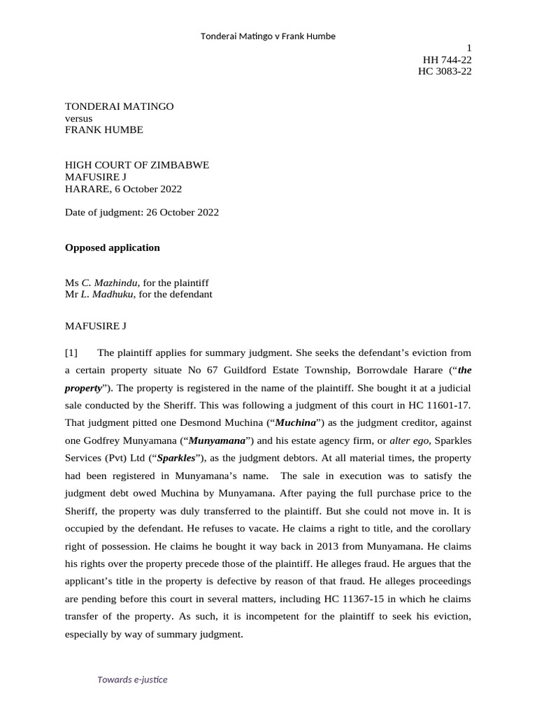 Matingo V Humbe (744 of 2022) 2022 ZWHHC 744 (26 October 2022) | PDF ...