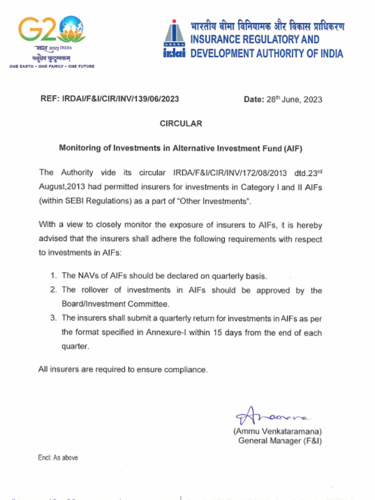 IRDAI Circular On Monitoring of Investments in Alternative Investment ...
