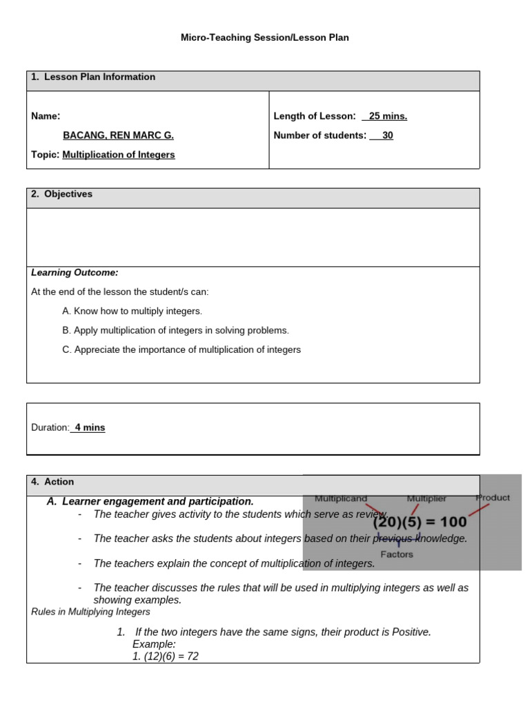 Microteaching-Lesson-Plan | PDF | Multiplication | Lesson Plan