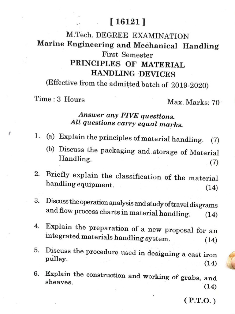 Principles of Material Handling Devices Sem Question Paper 2025 MEMH | PDF