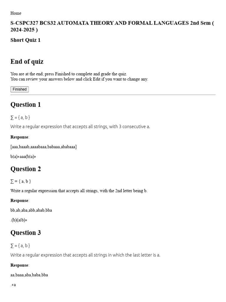End of Quiz: S-Cspc327 Bcs32 Automata Theory and Formal Languages 2Nd Sem (2024-2025) Short Quiz ...